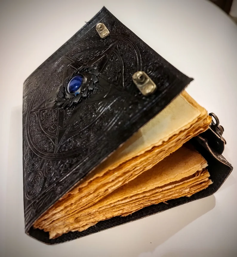Black Pentagram Embossed Handmade Blue Stone Embedded Leather Journal ...